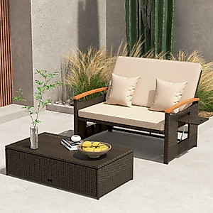 Tangkula Patio Rattan Daybed Set with Cushioned Loveseat and Storage Ottoman, Outdoor Double Chaise Lounger with 4-Level Adjustable Backrest and Retractable Side Trays for Backyard (Beige)