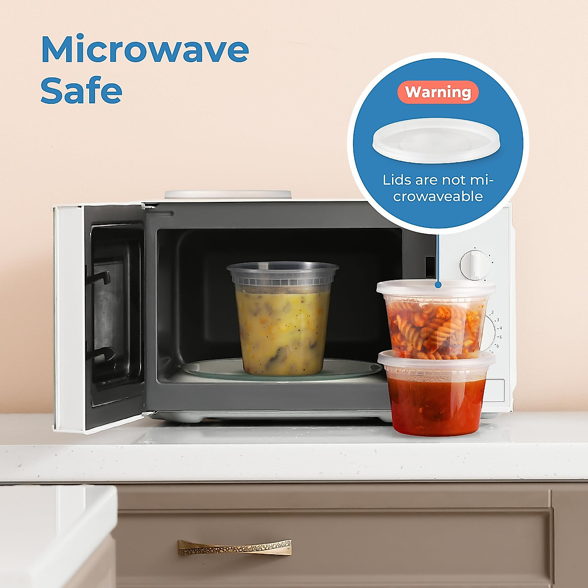 [24 Pack] Food Storage Containers with Lids, Round Plastic Deli Cups, US Made, 32 oz, Quart Size, Leak Proof, Airtight, Microwave & Dishwasher Safe, Stackable, Reusable, White