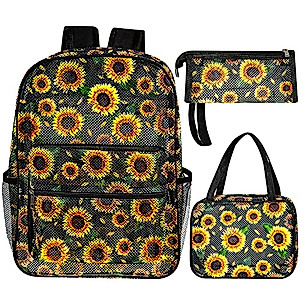 Silkfly Sunflower Mesh Backpack Cow Semi Transparent Sackpack School Bags for Girls with Cow Sunflower Lunch Bag and Pencil Case See Through Beach Bag Mesh (Sunflower Style)