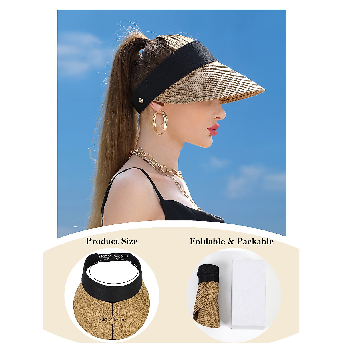 Womens Sun Hat Straw Visor UV Protection Wide Brim Packable Travel Summer Cap for Beach UPF 50+(Khaki)