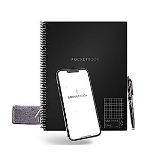 Rocketbook Matrix Graph Notebook - Eco-Friendly Reusable Notebook with 1 Pilot Frixion Pen & 1 Microfiber Cloth Included - Black, Letter Size (8.5" x11") (MTX-L-K-A)