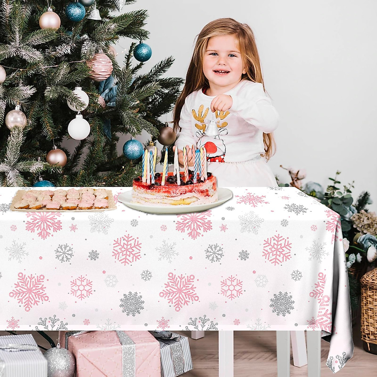 GREHUMOR 3pcs Snowflake Winter Tablecloth Party Decoration Winter Snowflake Pink White Wonderland Theme Table Cover Disposable Plastic Waterproof for Christmas Holiday Birthday Party Supplies