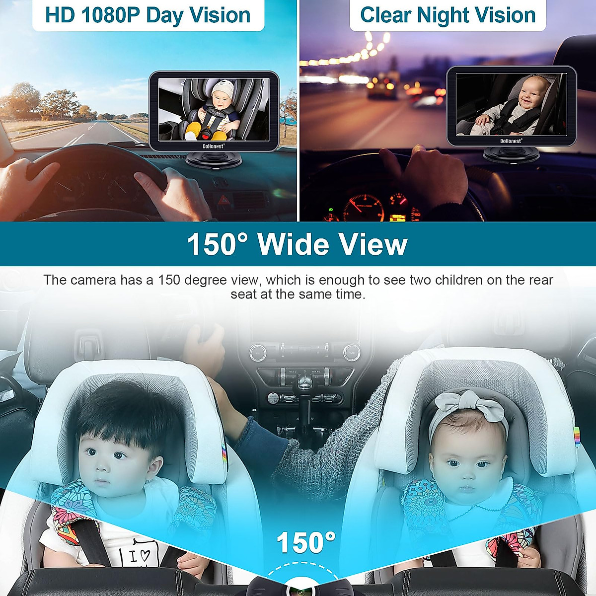 DoHonest Baby Car Camera 7-Inch: USB Plug and Play Easy Setup 360° Rotating Backseat Camera Two Kids HD 1080P Rear Facing Car Seat Camera Clear Night Vision -V9