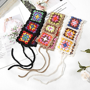 CHLINS Hairband, 3PCS Crochet Headband Women Floral Hairband - Elastic Handmade Crochet Head Wrap Bohemian knit Headband for Women and Girls (Square, Black + Beige + Khaki)