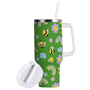 CIJEMAPW Bees Rainbow Insulated Tumblers Clouds Flowers 40 oz Water Bottles Travel Mug with Handle and Straw Lid Leakproof School Work Outdoor for Women & Men