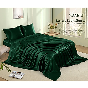 VACVELT 3pcs Emerald Green Satin Sheets Twin Size Bed Set, 15 Inch Deep Pocket Silky Satin Sheet Set, Soft Satin Bedding Set Cooling & Luxury Bed Sheets, 1 Fitted Sheet + 1 Flat Sheet + 1 Pillowcase