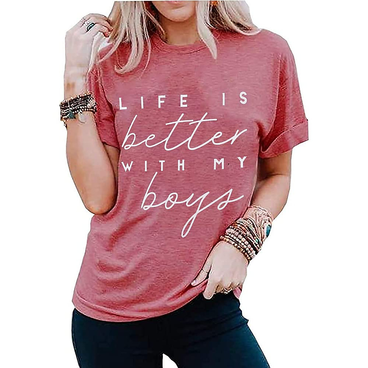 Funny Women Saying Shirt Life is Better with My Boys Summer Mama Athletic Tees Graphic Printed Beach Tee Tops, Red S