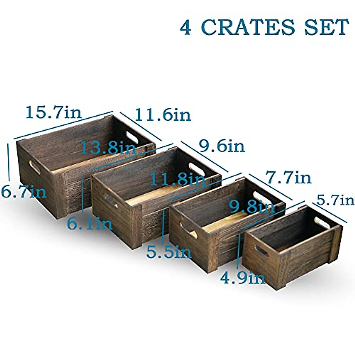 REVOLUMINI Decorative Wooden Crate,Set of 4 Rectangle Storage Boxes, Nesting Storage Crates with Handles,Crates for Storage,Wooden Storage Bins (Brown)