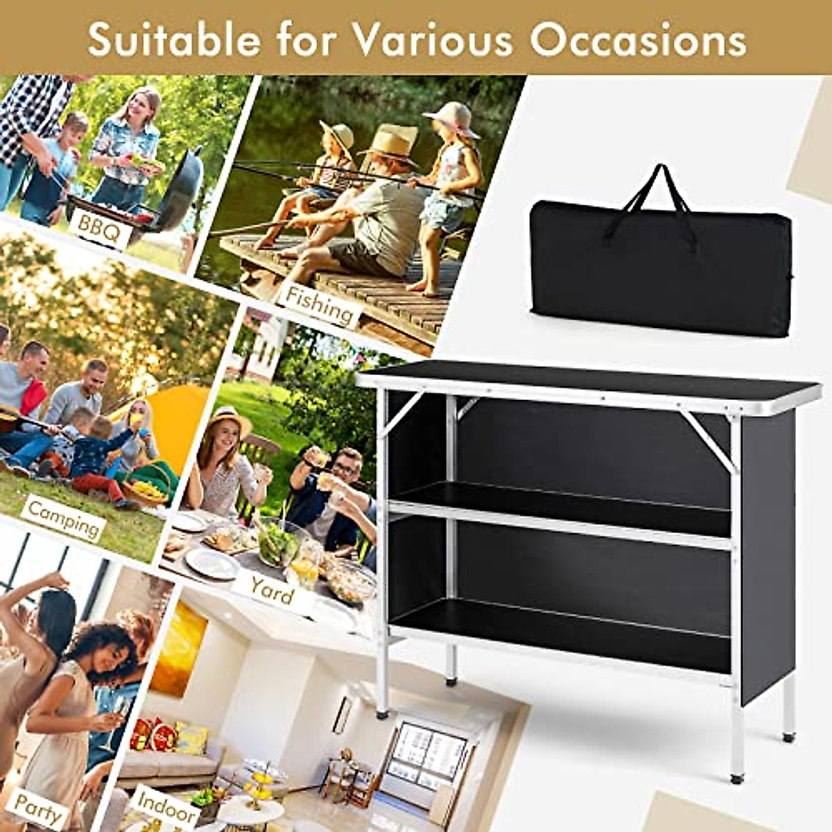 COSTWAY Folding Picnic Camping Table, Portable Lightweight Aluminum Table with Carry Bag, Food Prep Station with 2 Shelves, Quick Set-up, Outdoor Camping Table for BBQ, Party, Backyard (Black)