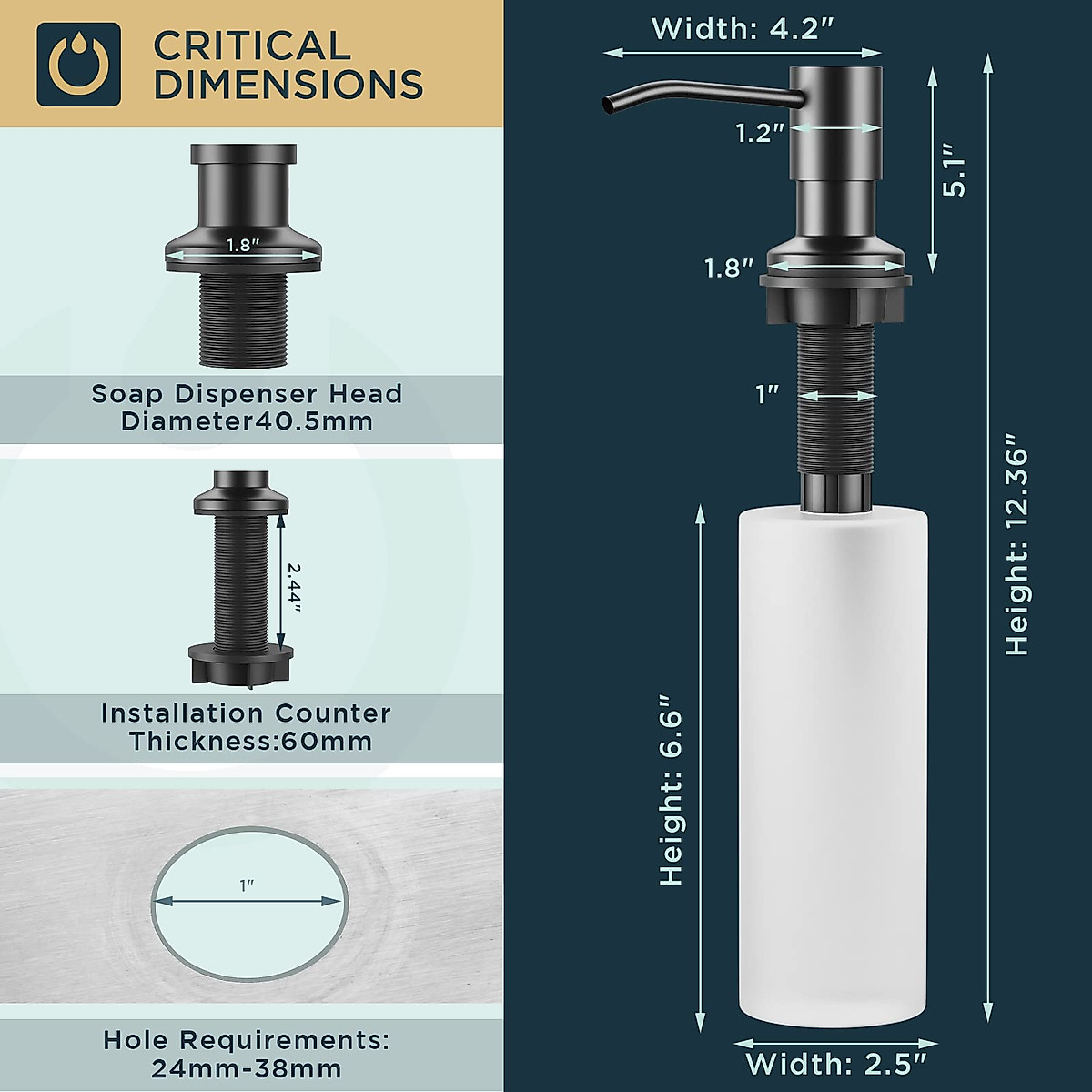 FORIOUS Black Soap Dispenser for Kitchen Sink, Built in Kitchen Sink Soap Dispenser, Kitchen Soap Dispenser Lotion Dispenser Pump Built in Refill from The Top with 500ML/18OZ Large Liquid Bottle