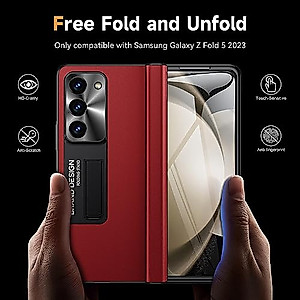 for Samsung Z-Fold-5 Cover: Genuine Leather Galaxy Fold 5 Kickstand Case[Hinge Protection][Screen Protector] Skin Felling - Durable Shockproof Protective Phone Case for Galaxy Fold 5 2023 - Red