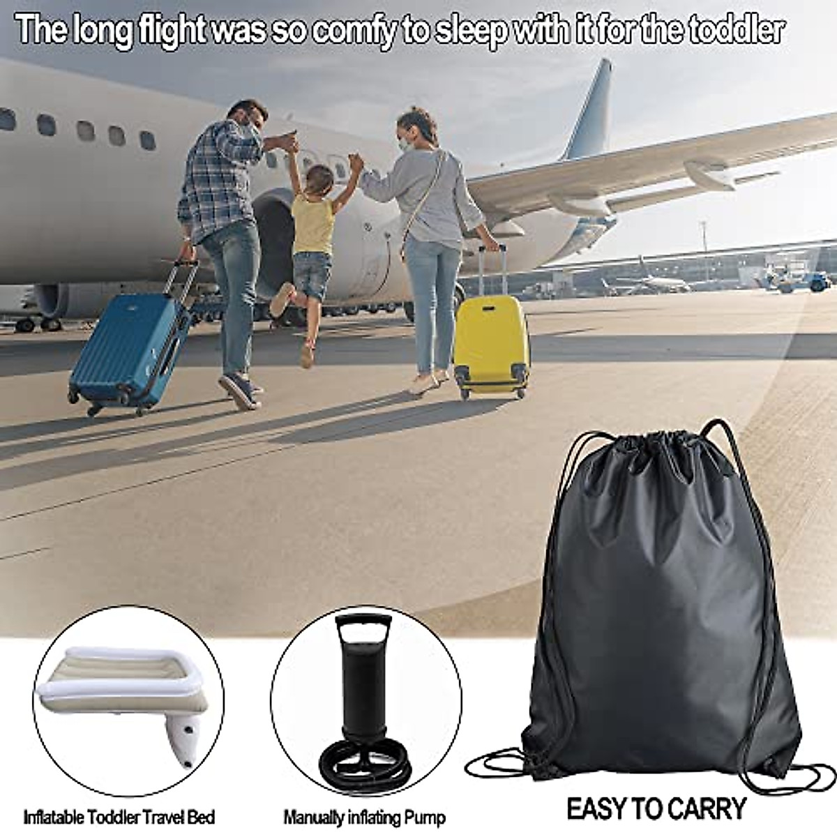 LUCKLYJONE Inflatable Toddler Travel Bed, Kids Airplane Bed, Travel Foot Rest Pillow for Toddler Included Inflatable Travel Bed, Manual Inflatable Pump, Travel Bag