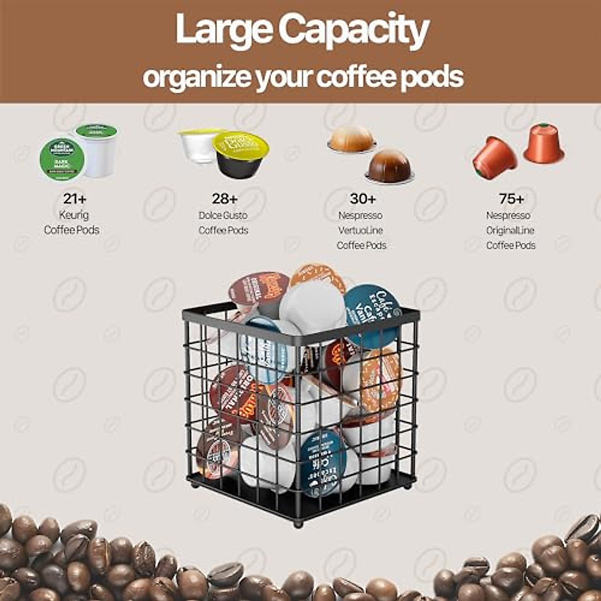 HORIAMIT Coffee Pod Holder Coffee Organizer, K Cup Holder for Counter K pod Container, Creamer Holder, Coffee Bar Accessories Basket Black K Pods Storage