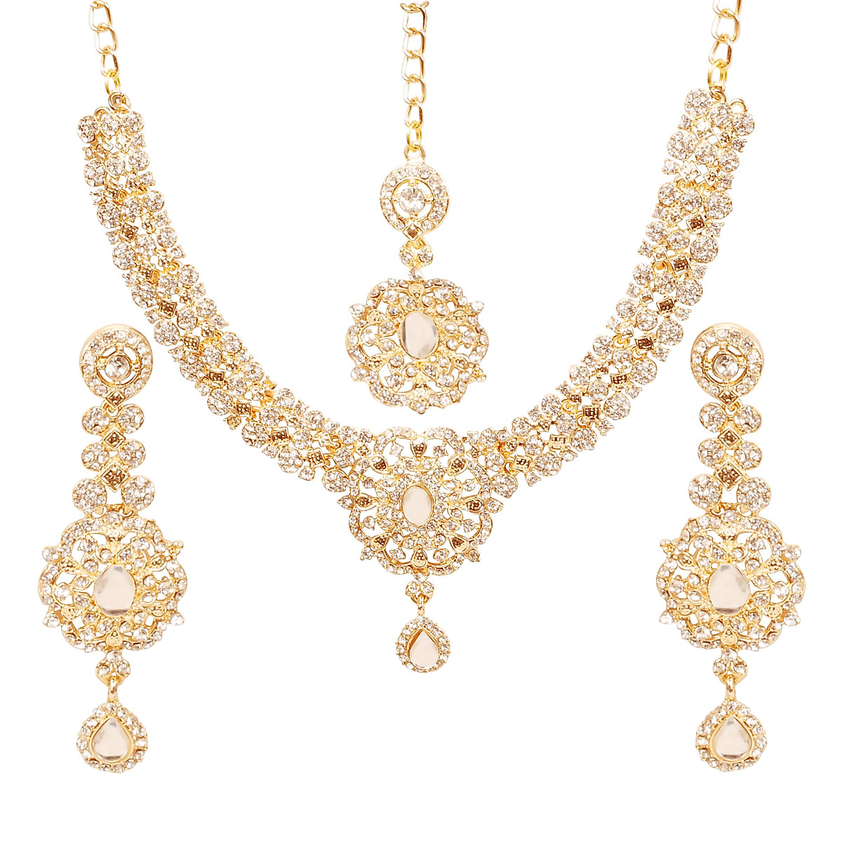 Touchstone Indian Bollywood Contemporary Fabulous Style Definition Rhinestone Designer Jewelry Wedding Necklace Set In Gold Tone For Women.