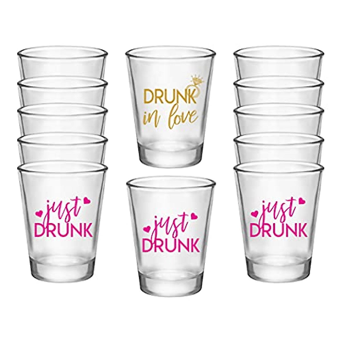 Drunk In Love and Just Drunk Bachelorette Party Shot Glasses, Set of 12, 11 Pink Just Drunk and 1 Gold Drunk In Love Shot Glass, Perfect Bachelorette Party Decorations and Brides Maid Gifts