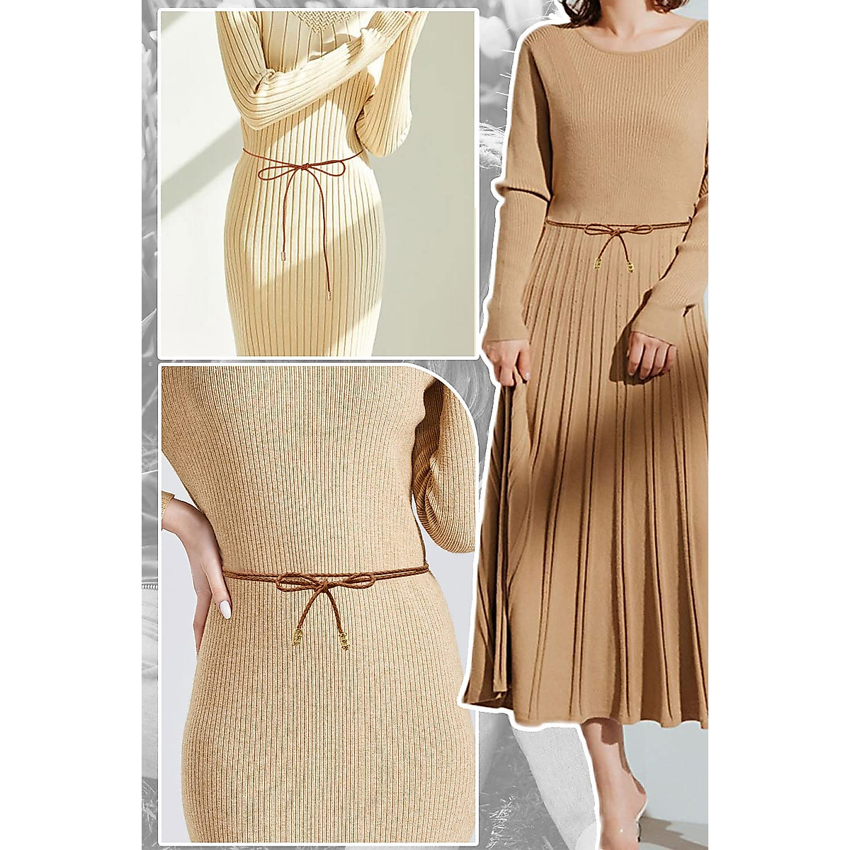 TeeYee Women PU Leather Knitted Waist String Belt/Rope/Chain Long Boho Wrap Skinny Belt (one size, tan)