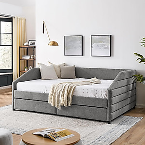 JEEOHEY Queen Size Daybed with Storage, Modern Upholstered Linen Sofa Bed with 2 Pull-Out Drawers for Apartment Living Room Guest Room, Solid Wood Trundle Day Bed Frame, No Box Spring Needed, Grey