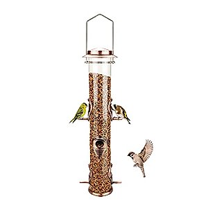 Metal Bird Feeder Tube Hanging Wild Bird Seed Feeder Aluminum Six Port Bird Feeders,1.4 mm Extra Thick Solid Tube Transparent with Steel Hanger Great for Attracting Birds