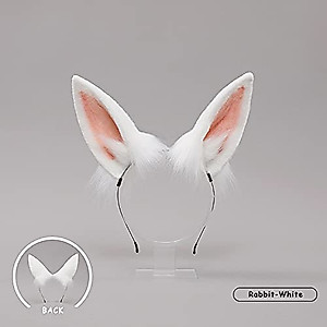 Faylay Plush Furry Bunny Headwear Artificial Rabbit Ear Headband Simulation (2-White)