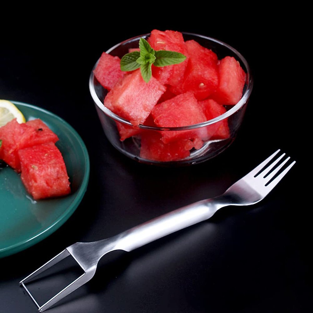 MIXCUT 2 in 1 Watermelon Slicer Fork Stainless Steel Cutter - Kids Fascinated Melon Cuber Cutting Tool - Carving and Cutting Utili Sliver