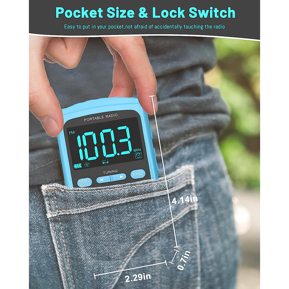 Sunoony Portable Radio AM FM, 900mAh Rechargeable Battery Personal Pocket Radio with Best Reception, Clearly LCD Screen, Earphone Jack, Time Setting Transistor Radio for Home & Outdoor, Walking (Blue)