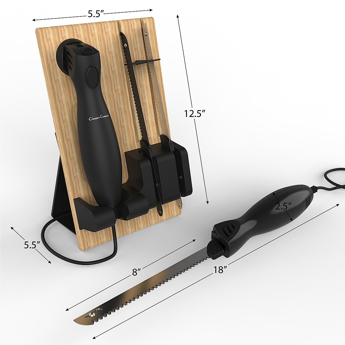 Electric Carving Knife Set with 2 Stainless Steel Blades, Comfort Grip Handle and Wood Storage Block For Slicing Bread, Meat, Etc By Classic Cuisine, Silver