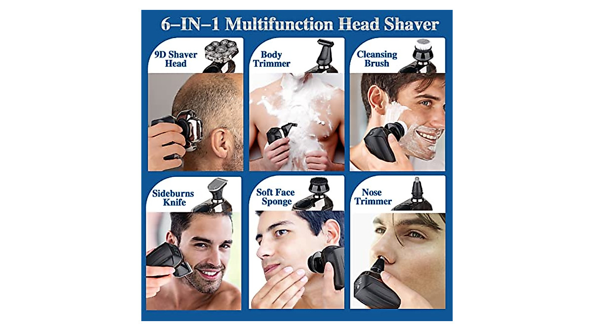 9D Electric Head Shaver for Bald Men - 6-in-1 Grooming Kit