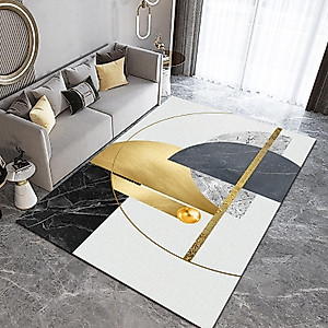 Nordic Gold Black White Geometry Area Rugs, Light Luxury Gray Marble Texture Living Room Rugs, Fade Resistant Soft Anti-Slip Rug for Patio Sofa Dining Table Bedside Bedroom 3ftx5ft