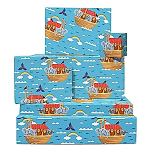 CENTRAL 23 Blue Wrapping Paper for Kids - 6 Sheets of Gift Wrap with Tags - Noah's Ark Themed - Elephant, Giraffe, Lion, Zebra - For Birthday, Baby Shower, Christening - Comes with Stickers