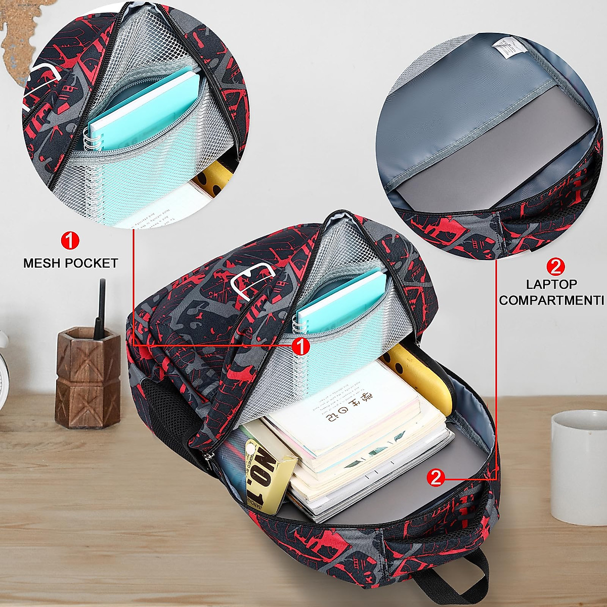 LEDAOU School Backpack Teen Boys Kids Bookbag Daypack School Bag (Graffiti Red)