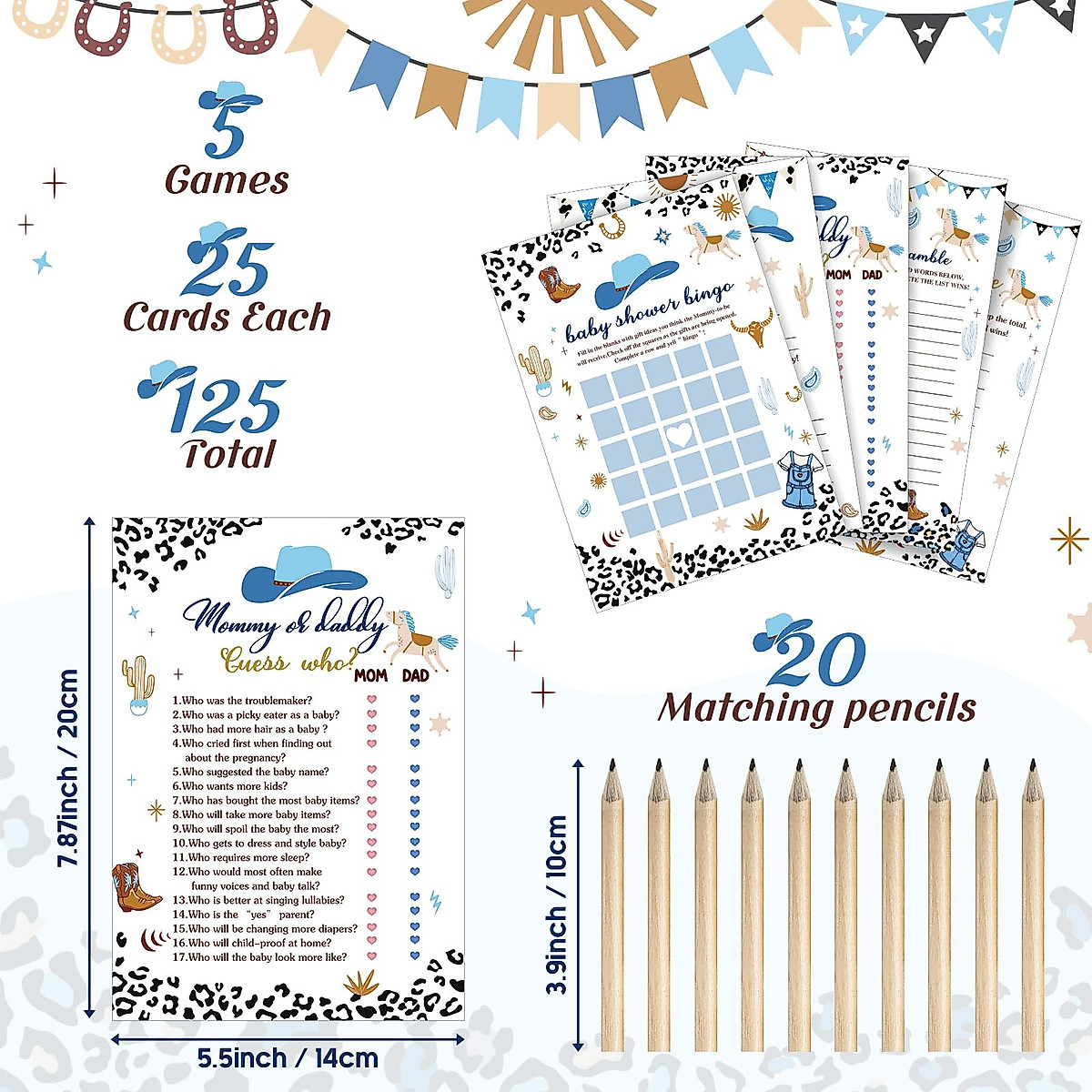 145 Pcs Baby Shower Games for Boy or Girl 5 Game Activities Card with 20 Pencils Include Baby Shower Bingo, Guess Who, Description and Well Wishes, Word Scramble Game (Cowboy Style)