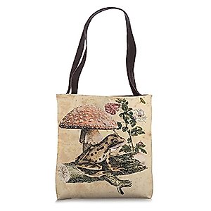 Frog Under Toadstool & Vintage Flowers Cottagecore Aesthetic Tote Bag