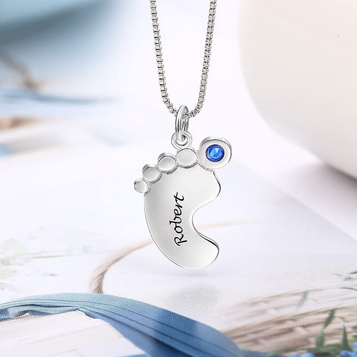 EVER2000 Personalized Mothers Necklace with 1/2/3/4/5 Child Name Engraved Baby Feet Pendant Necklace with Birthstones Customized Name Necklace Jewelry Gift for Mom/Mother