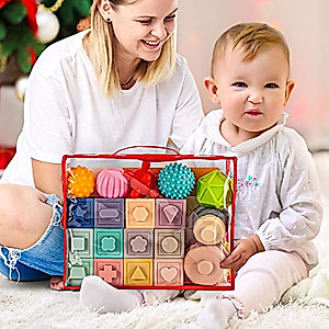 Springflower 3 in 1 Montessori Toys for Babies 0-3-6-12 Months, Soft Baby Teething Toys, Stacking Building Blocks for Infants, Sensory Developmental Education Toys for Toddler Baby 12-18 Months,23 PCS