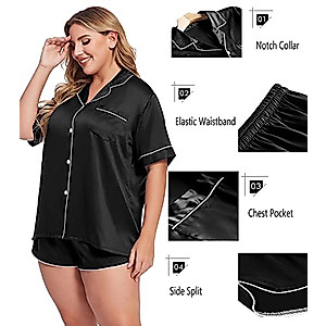 SWOMOG Womens Satin Plus Size Pajamas Silk Button Down Shorts Set Pajama Shorts 2Pcs Short Sleeve Pjs Sets Loungewear Black