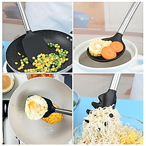 KLAQQED 5Pcs Silicone Spatula Heat Resistant Long Large Spatulas Set for Nonstick Cookware, Rubber Pancake Fish Turner Spatula for Kitchen Use Silicone Spatula Cooking Kitchen Utensils Set Black