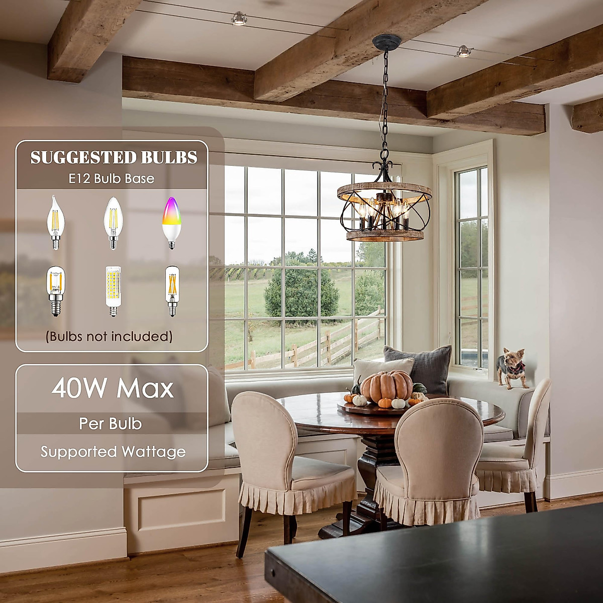 Dawn Whisper Farmhouse Chandelier, 15.7" Rustic Drum Chandelier Light Fixture over Table, 5-Light Candle Wood Chandelier for Dining Room, Kitchen