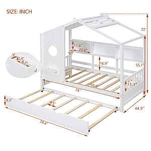 Twin Size House Bed with Trundle, Wooden Daybed Frame with Roof/Window/Guardrail and Storage Shelf for Kids, Teens Boys or Girls (White, Twin)