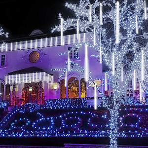 TAO XIANG QI 288 LED Christmas Lights Meteor Shower Rain Outdoor Decor, 8 Tube 12.2 Inch Waterproof Plug in Falling Fairy String Light Decoration Tree Holiday Party Home (Cool White)