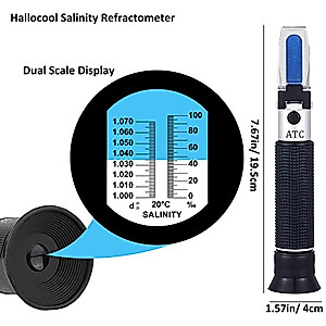 Hallocool Salinity Refractometer for Aquarium Seawater Marine Fishkeeping Saltwater Refractometer Dual Scale Specific Gravity Salinity Tester 0-100‰ & 1.000-1.070 Salinity Hydrometer with ATC