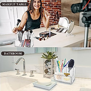 Zbtezna Pen Holder, Clear Acrylic Makeup Brush Holder, Pencil Holder for Desk with Sticky Notes Holder and 3 Compartments, Pencil Organizer for Pen, Art Supply, Makeup Brush(Clear)