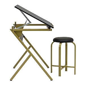 SD STUDIO DESIGNS Stellar 36" Wide Craft/Drawing Table with Adjustable Top and Padded Stool Set, Gold/Black
