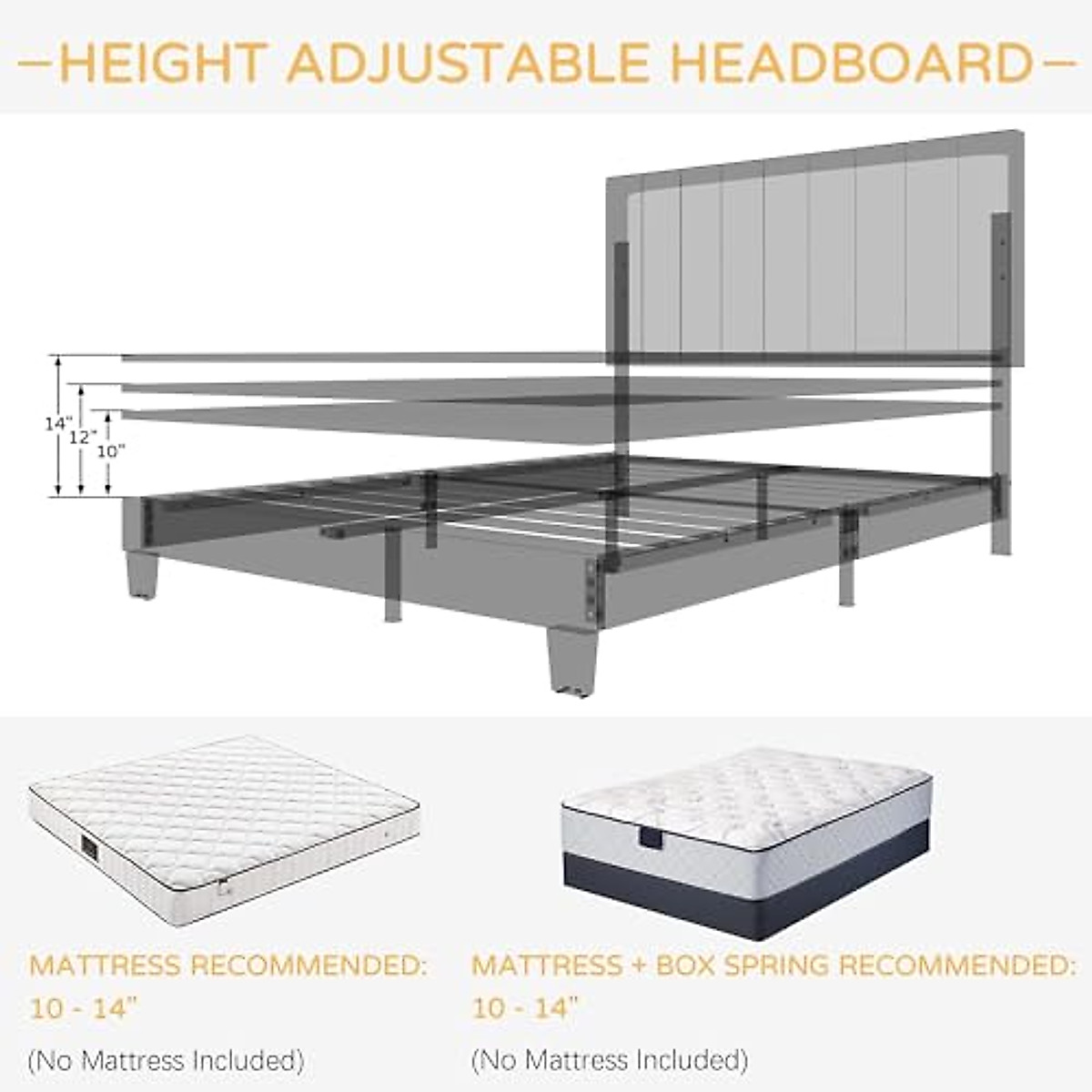 Queen Size Bed Frame with Adjustable Height Headboard, Upholstered Platform Bedframe with Wingback, Heavy-Duty Metal Frames with Solid Wooden Slats No Box Spring Needed, Dark Grey