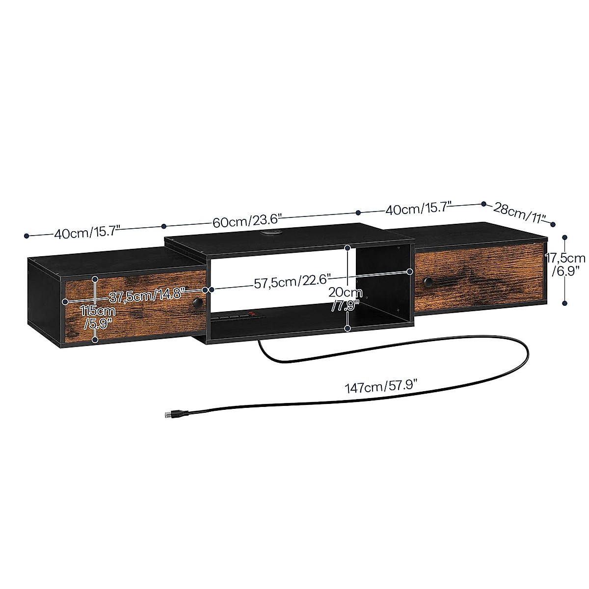 HOOBRO Floating TV Stand with Power Outlet 55", Modern Wall Mounted Media Console Shelf Cabinet for Under TV Storage, Entertainment Center, Living Room, Bedroom, Rustic Brown and Black BF11DS01