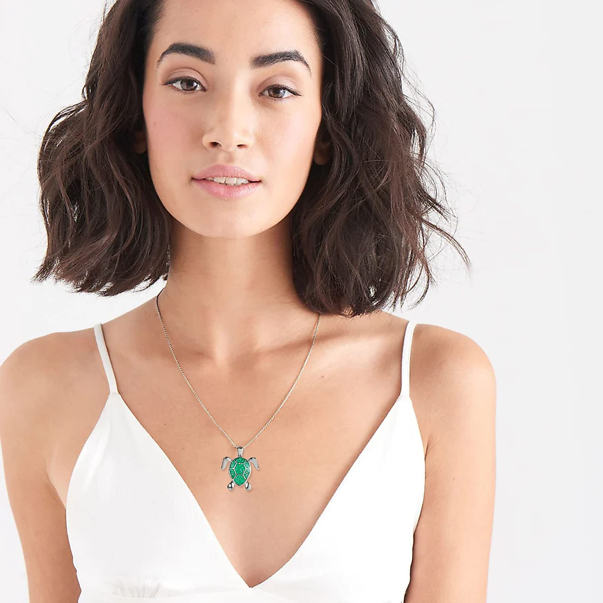 VANGETIMI Lovely Sea Turtle Pendant Necklace Cute Animals Green Opal Silver Chain Adjustable Necklace Valentine's Day Gifts Jewelry for Women