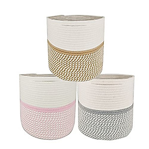 Joyiou Cotton Rope Storage Baskets Bins for Organizing, 3-Pack 11 Inches Round Cube, Fit 12x12''Cube Storage Organizer Bookcases Shelves, Baby Girls Boys Nursery Décor (Mix Khaki, Mix Pink, Mix Grey)