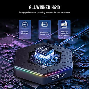2022 Android TV Box 12.0 4GB RAM 64GB ROM Android Box H618 Quad-core Cortex-A53 CPU, Wi-Fi 6 4K/6K 2.4G/5G Wi-Fi HDR10+ Bluetooth 5.0 100M Ethernet USB 2.0 with Backlit 2.4G Mini Wireless Keyboard