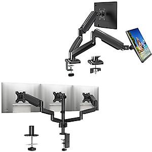 MOUNTUP Gas Spring Triple Monitor Stand + Full Motion Dual Monitor Desk Mount Bundle