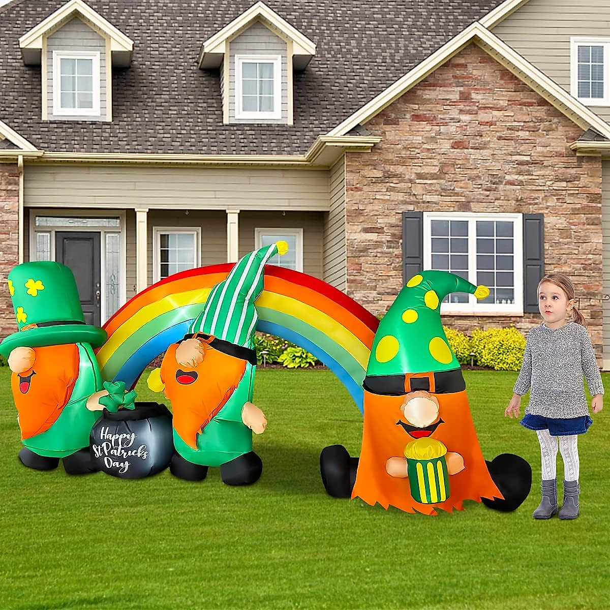 BLOWOUT FUN 8ft Inflatable St. Patrick's Day 3 Gnomes with Rainbow Decoration, LED Blow Up Lighted for Indoor Outdoor Holiday Art Decor Clearance