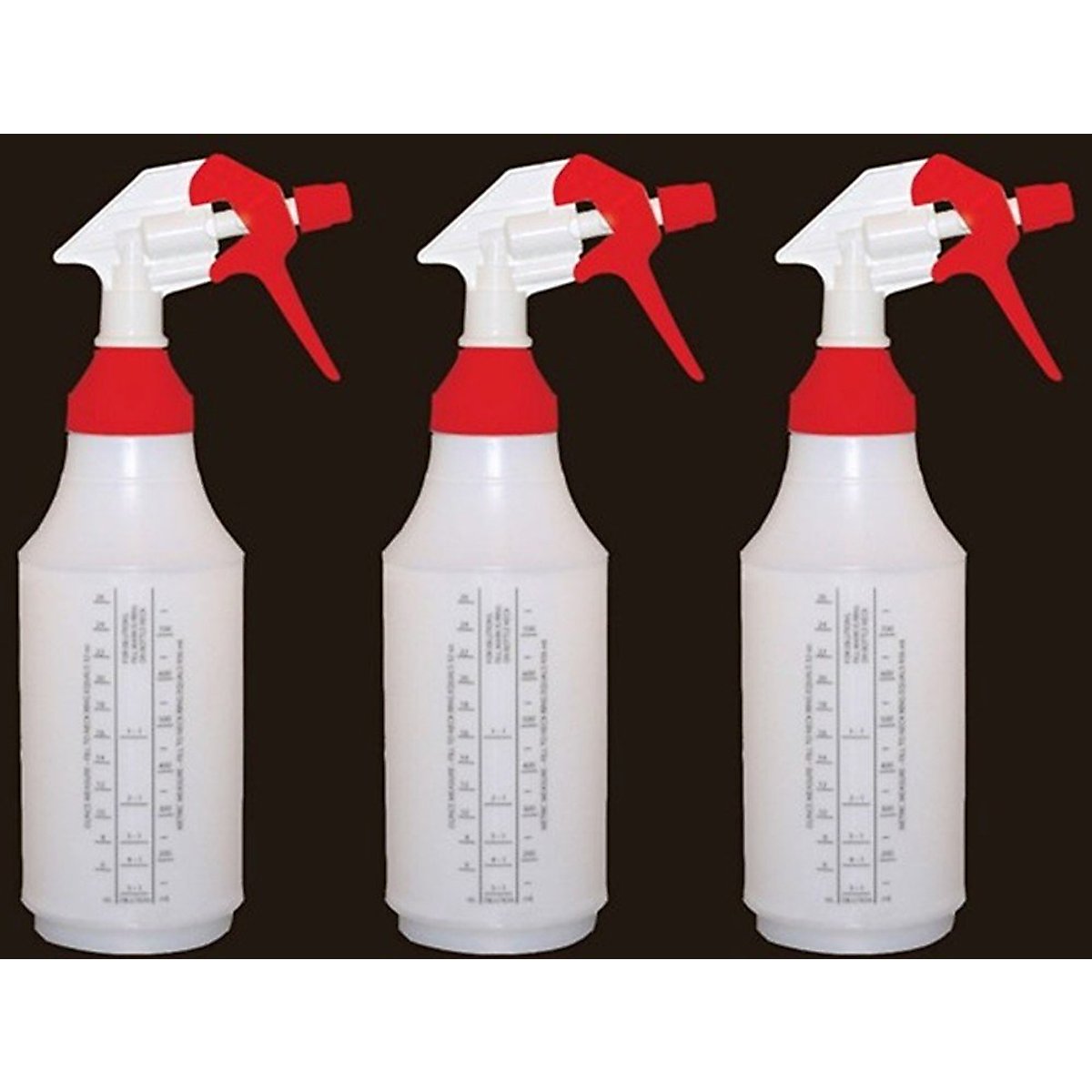 Spray Bottles with Large Top for Easy Filling, Reusable, 32oz, 3 Complete Bottles, with Scale on Side of Bottle for Easy Mixing, Part# WM83233-WM03-RED (Red & White Sprayer Top)